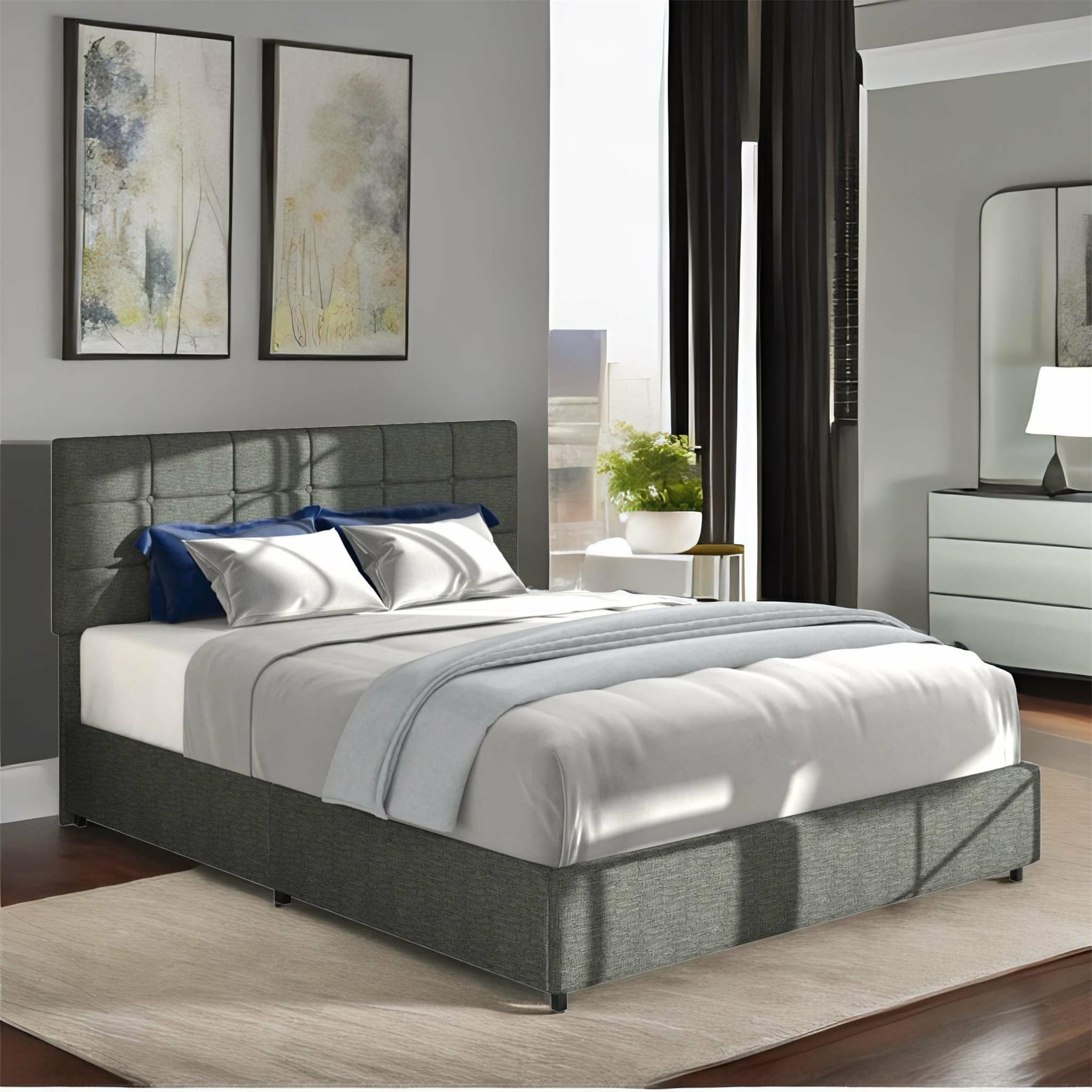 Gray Full Size Linen Upholstered Platform Bed with 4 Drawers - Bed Bath ...