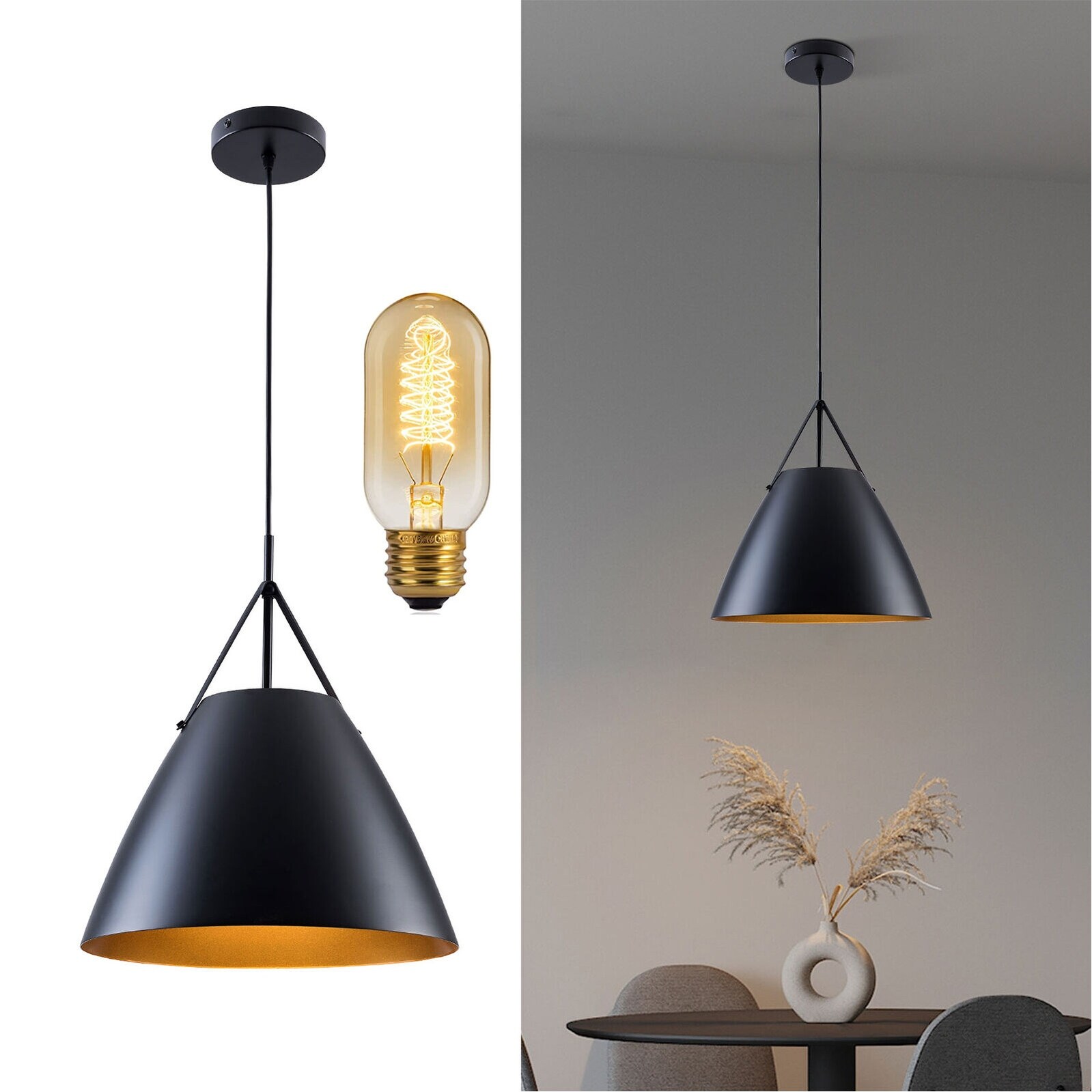 2 Pack Industrial Pendant Light With Black Metal Dome Lamp Shade - On ...