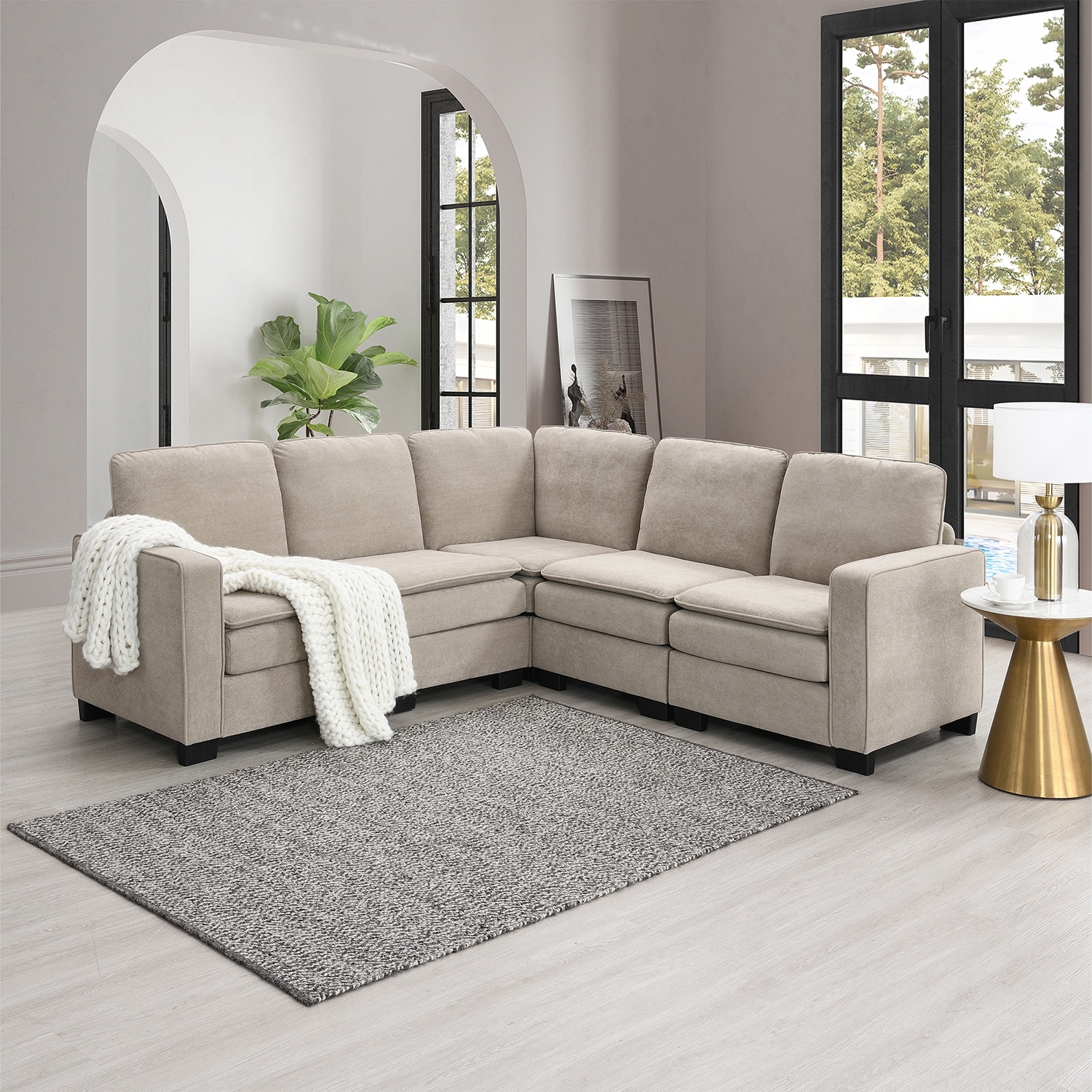 5 Seat Sectional Sofa L Shaped Velvet Corner Couch with Double Cushion