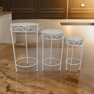 Kyi Nesting Plant Stand Set of 3, Round Carved Cutout Display, Ivory ...