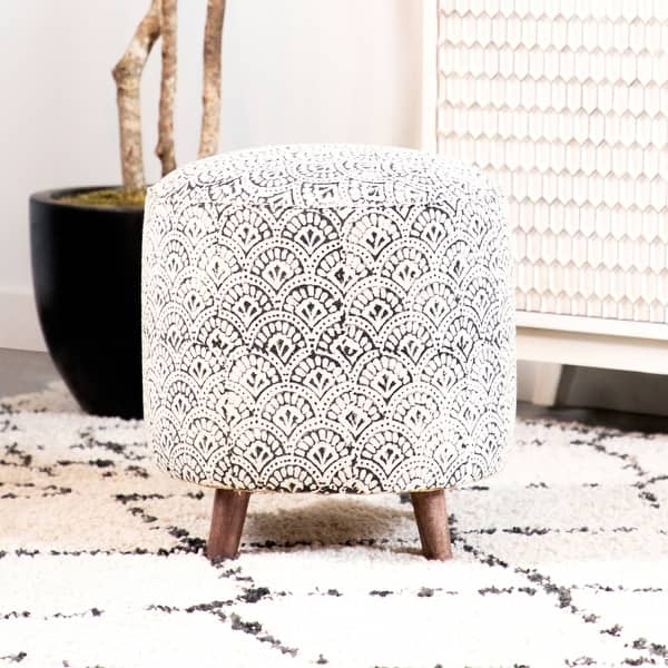 Pattern Round Accent Stool with Wood Legs in Black and White - Bed Bath ...