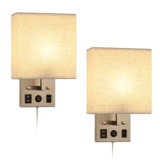 Set of 2 Wall Lamp with USB Charging Ports and AC Outlet Socket - Bed ...