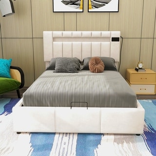 Velvet Full Hydraulic Storage Bed with LED Light, Bluetooth Player and ...