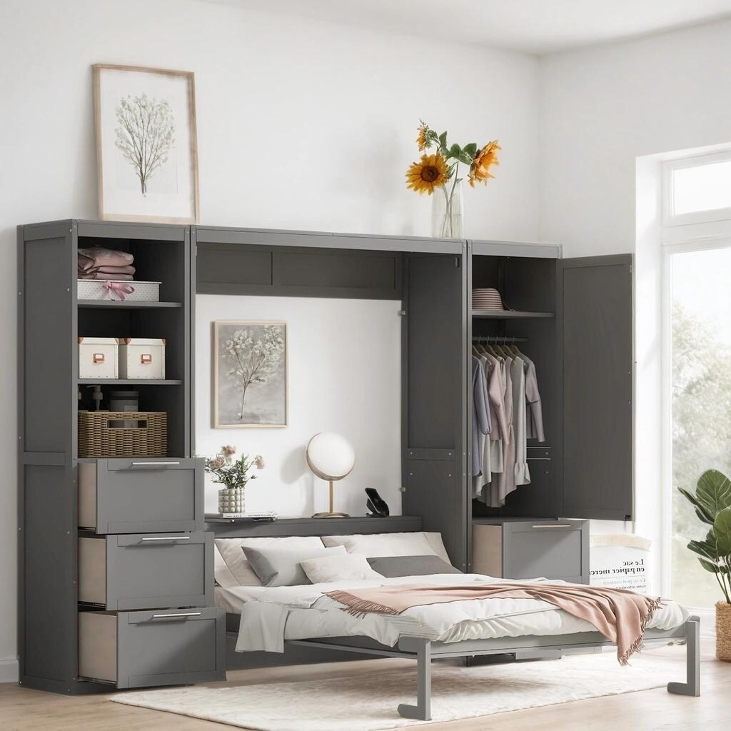 Elegant Queen Size Murphy Bed Wall Bed with Closet Drawers and Shelves Integrated Storage Space saving Design