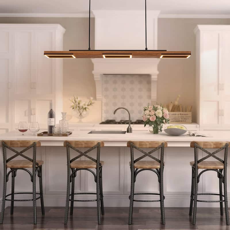 3-Light Farmhouse Rustic Wood Linear Square Pendant Integrated LED ...