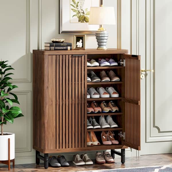 24 Pairs Wood Shoe Storage Cabinet with 2-Door and Adjustable Shelving for Entryway Living Room ...