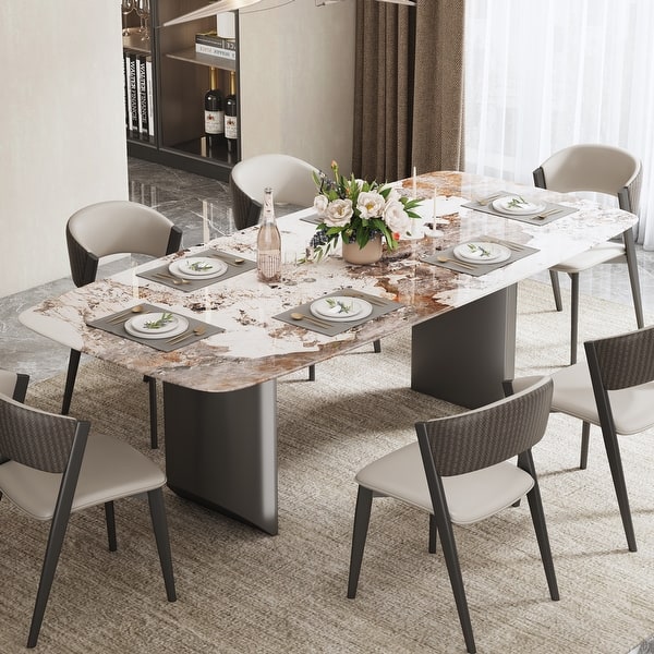 Double Pedestal Faux Marble Rectangular Dining Table Seats Up to 8 ...