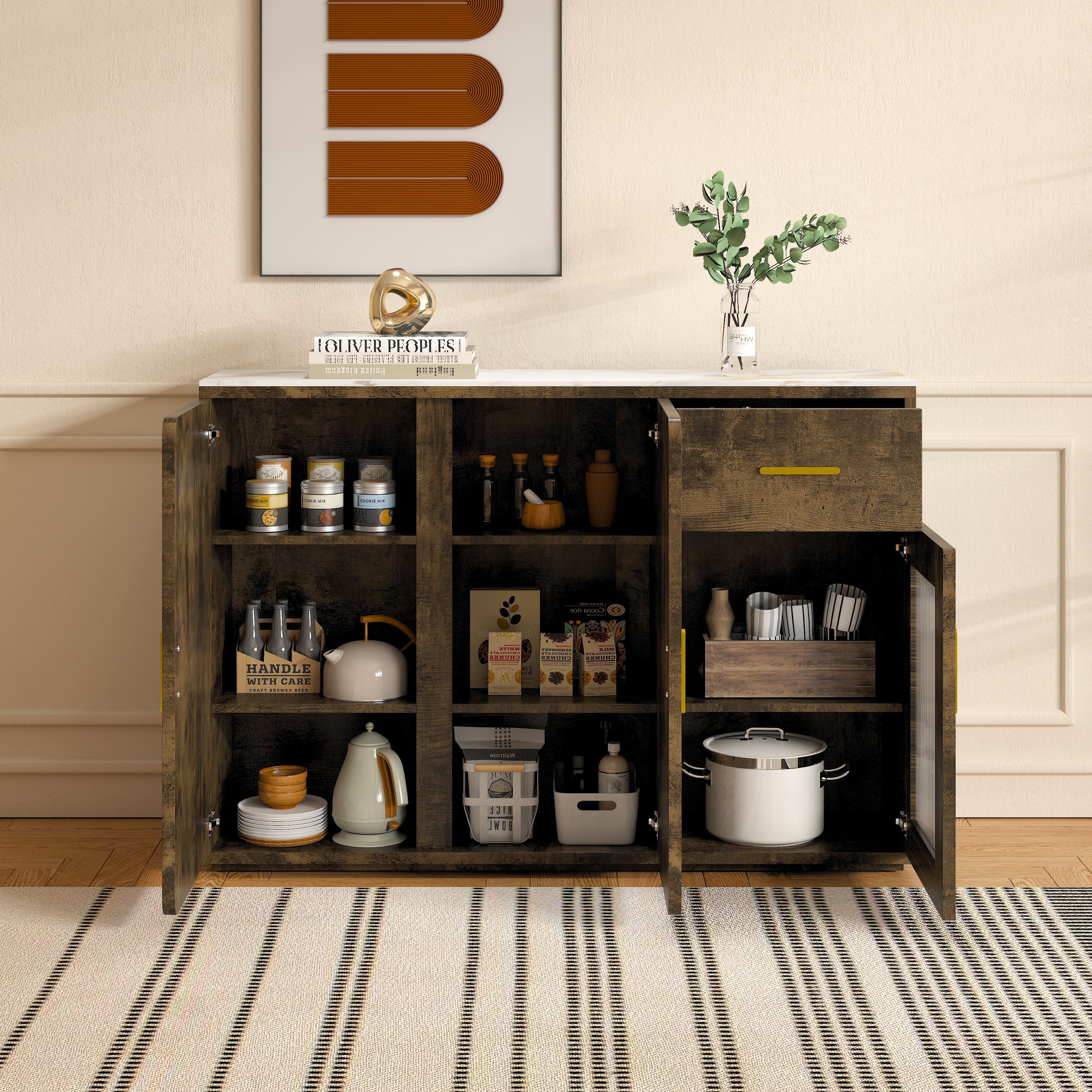 Multifunctional Sideboard Storage Cabinet with Granite Countertop Anti Tip Design 47 Buffet for Home or Office