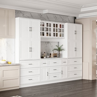 Multi-Functional White Kitchen Storage Cabinet with Drawers and Glass ...