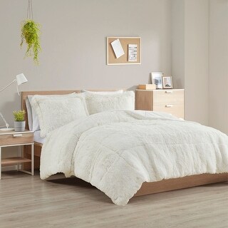 Full/ Queen Faux Fur Comforter Set Ivory - Bed Bath & Beyond - 39990636