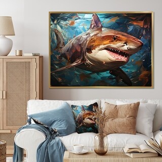 Designart "Blue Shark Predators Glare Geometric III" Animals Framed ...