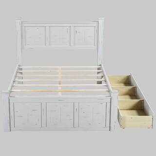 Farmhouse Style Wood Panel Bed Frame with 3 Storage Drawers, Queen/King Size - Distressed White ...