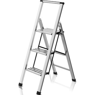 3 Step Ladder Folding Step Stool, Aluminum 3 Step Stool Foldable,Wide ...