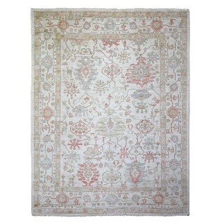 Hand Knotted Ivory Oushak And Peshawar with Wool Oriental Rug (7'8" x ...