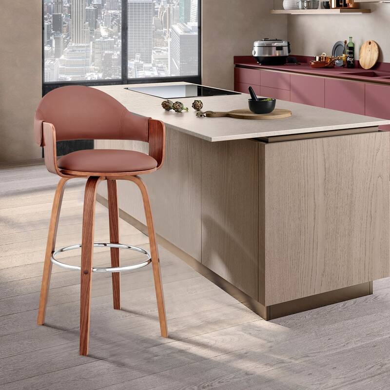 30" Rich Brown Faux Leather Walnut Wood Bar Stool - 40" x 20" x 20 ...