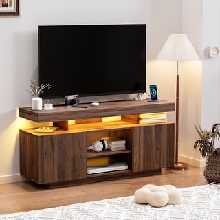 55-inch LED TV Stand with Power Outlets, RGB Lighting & Storage Shelves ...
