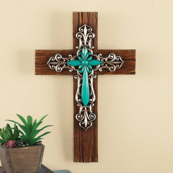 Wood Grain Texture Turquoise Scrolling Silver Wall Cross - Bed Bath ...