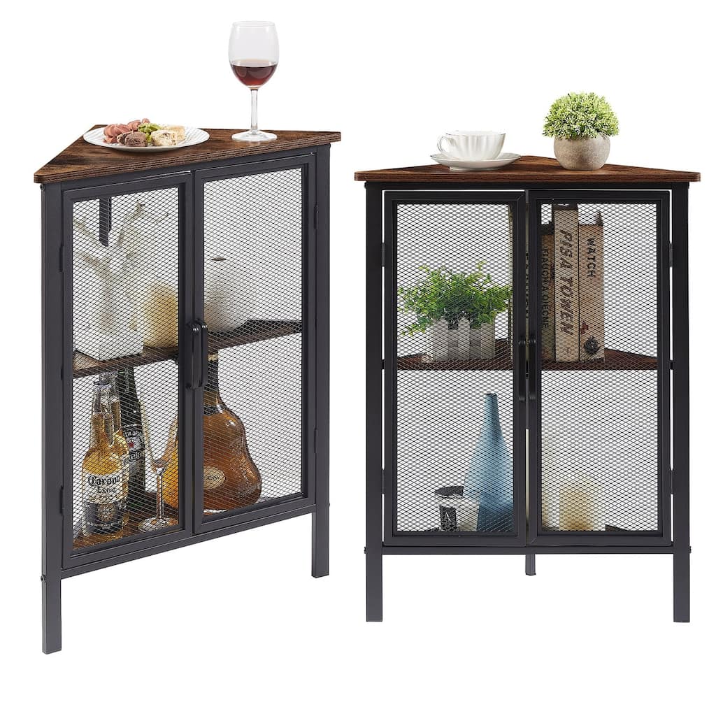 Set of 2 Industrial Triangle Corner Table with Dual Door Multi ...