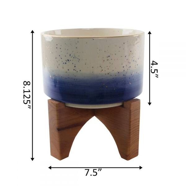 7" BLUE OMBRE W GOLD SPECKS Ceramic Pot on Wood Stand - Bed Bath ...