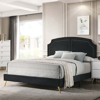 Full Size Black Velvet Upholstered Bed - Nailhead Trim, Metal Legs ...