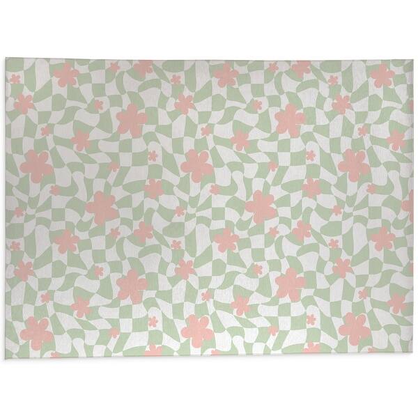 WARPED CHECKERBOARD FLOWER WHITE GREEN Kitchen Mat By Becca Garrison ...