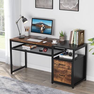 Tribesigns Rustic Computer Desk with File Drawers and Storage Shelves ...