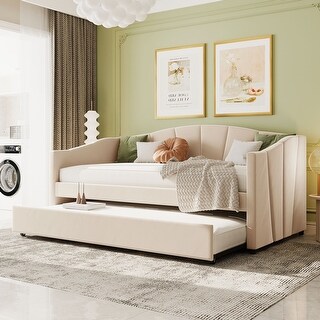 Beige Upholstered Twin Size Daybed Sofa Bed with Trundle - Elegant ...