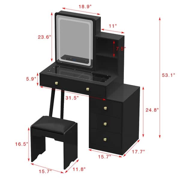 Vanity Set wi/Color Touch Screen Mirror and Cushioned Stool Glass Top ...
