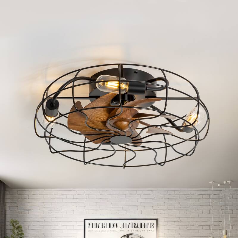 19" Black Industrial Caged Ceiling Fan with Lights and Remote Control ...