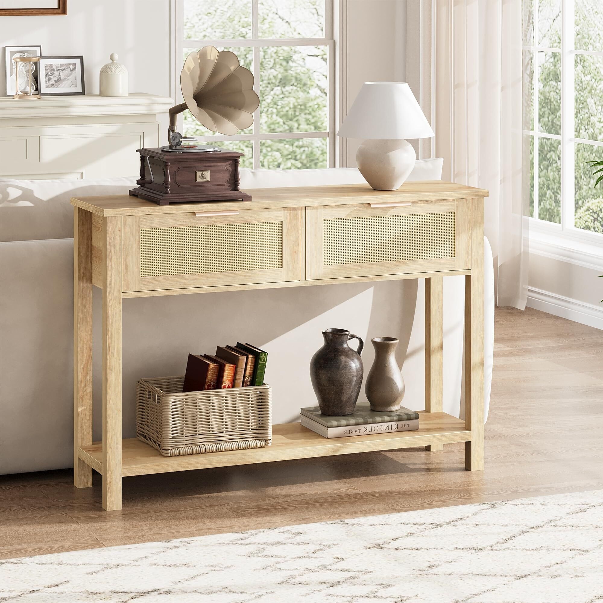 Entryway Table Console Table with Rattan 2 Drawers Wood Sofa Table with Storage Bed Bath Beyond 41343612