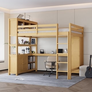 Wood Queen Size Loft Bed Built-in Wardrobe and L-shaped Desk, Student ...