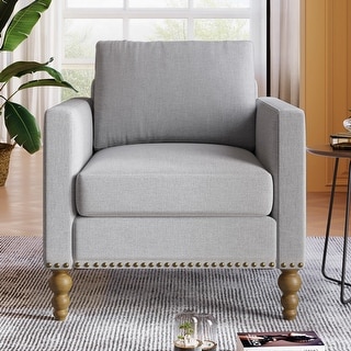 Classic Linen Armchair Accent Chair with Bronze Nailhead Trim Wooden Legs Single Sofa Couch for ...