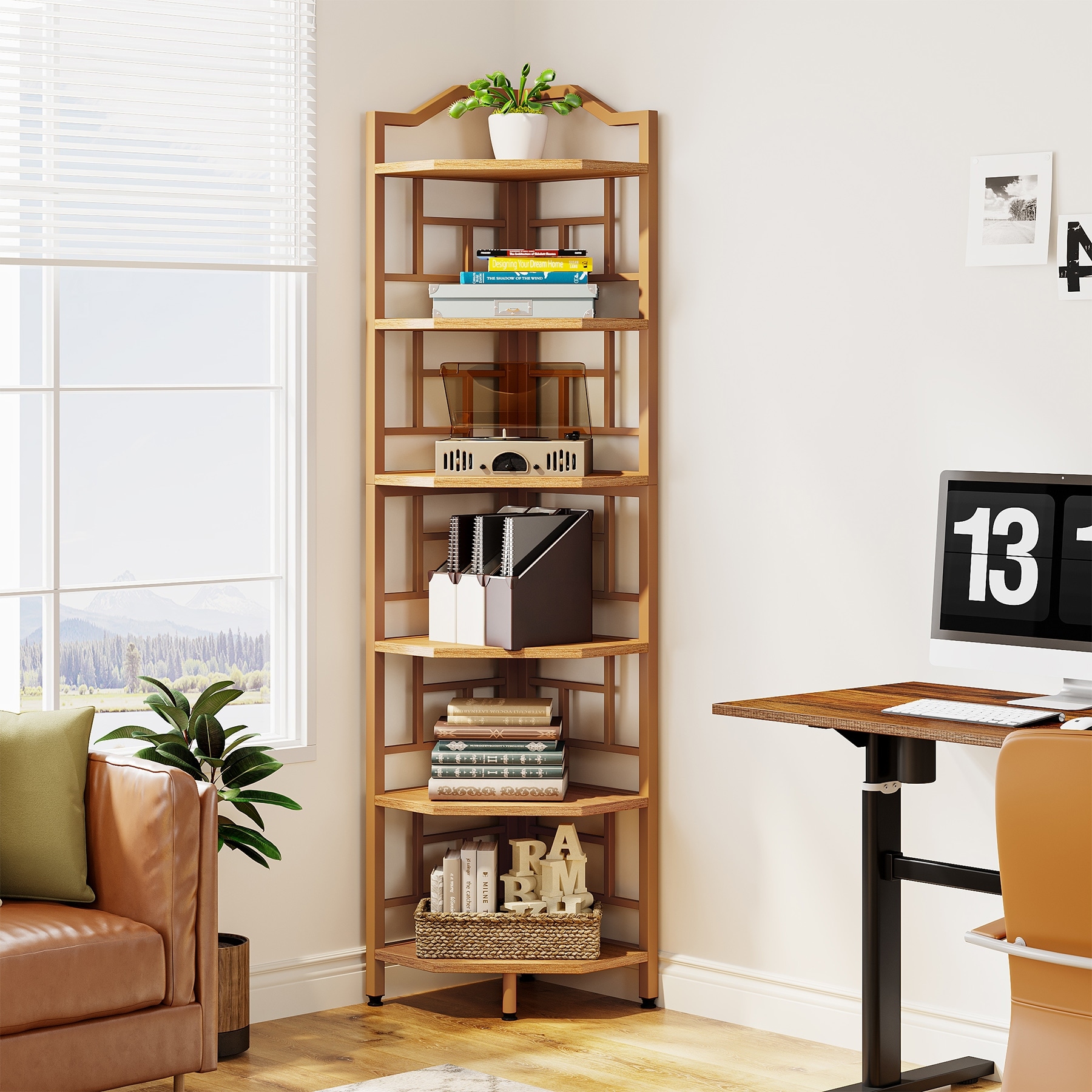 5 Tier Corner Bookshelf, Industrial Corner Shelf, Narrow Freestanding ...