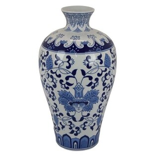 16 Inch Vase, Blue Floral Prints on White Ceramic, Traditional Style ...