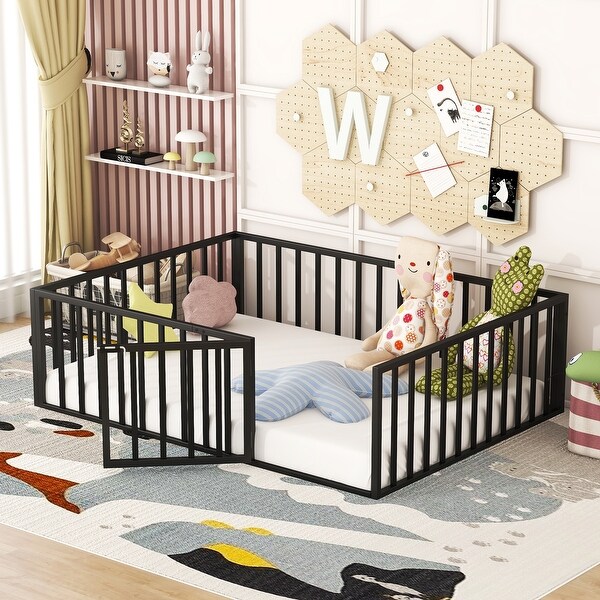 Minimalist Style Full Size Metal Floor Platform Bed with Fence and Door Sturdy Metal Frame for Kids Black