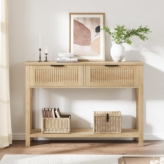 Fluted Entryway Table with 2 Drawers, Wooden Sofa Table for Living Room ...