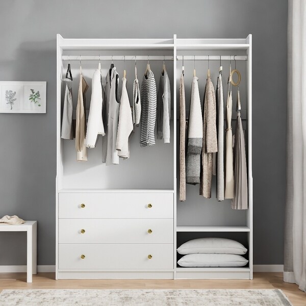 Open Wardrobe Closet with Shelves Drawers Dual Rods for Bedroom White