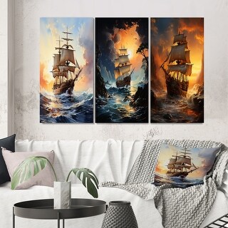 Designart "Pirate Boat Raid To The Tresor" Pirate Wall Art Set Of 3 ...