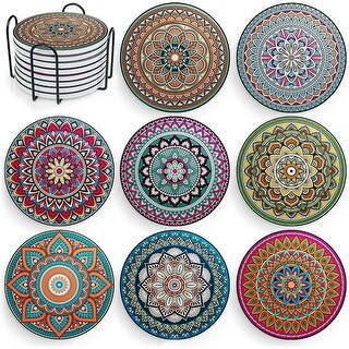 Drink Coasters with Holder - 8 Set Ceramic Boho Coaster - Bed Bath ...