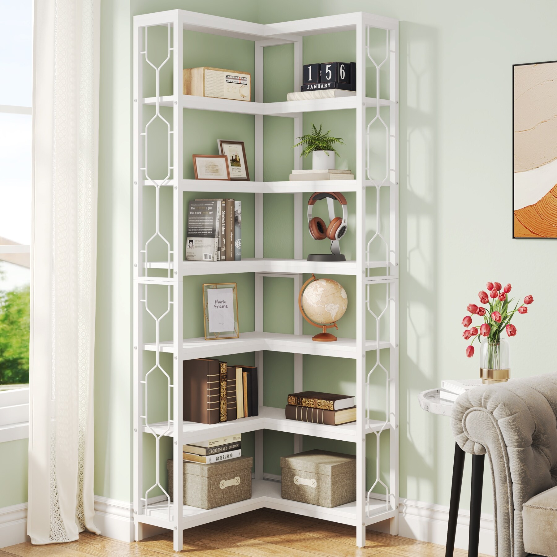 7 Tier Corner Bookshelf White Corner Shelf Modern Etagere Bookcase