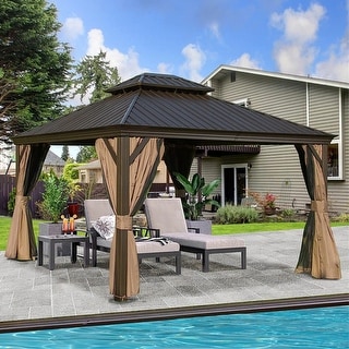Brown 12 x 14 ft All-Weather Gazebo with Aluminum Frame, Curtains ...