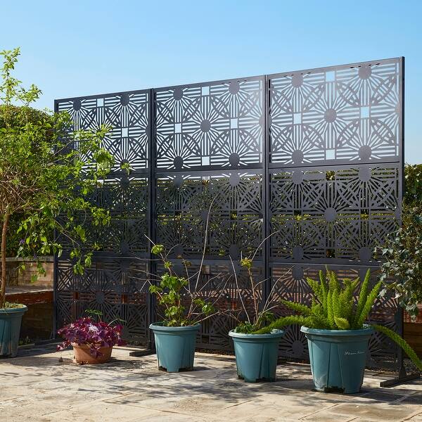 Glitzhome 6ft Galvanized Floral Patterned 3-Panel Privacy Screen Room ...