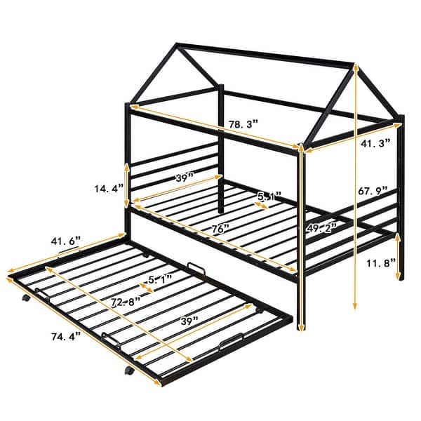 Twin Size Openwork Tubular Metal House Platform Bed Frame with Trundle ...