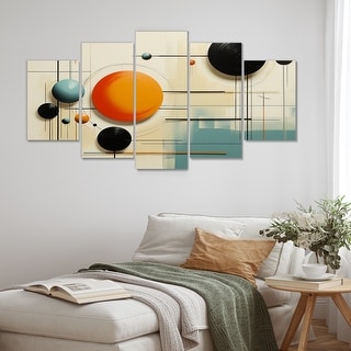 Geometric Circular Composition Pastel Orange Gray - Midcentury Canvas Set Of 5 - Oversized ...