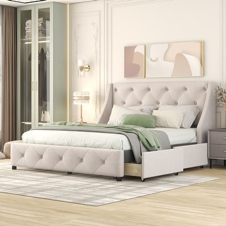 Queen Size Linen Fabric Upholstered Bed Frame with Headboard, Drawers ...
