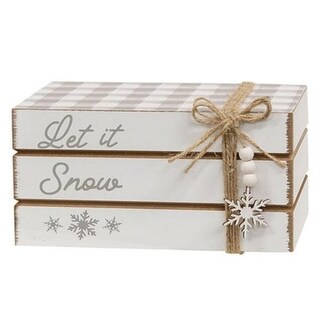 Let It Snow Wooden Book Stack with Jute Wrap and White Plaid Top - 3.75 ...