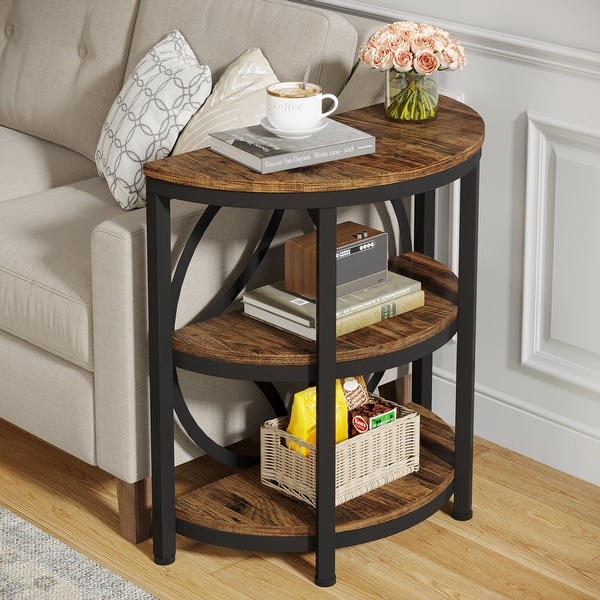 3 Tier Half Round End Table Small Coffee Accent Table Bedside Table Rustic Brown