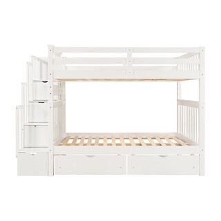 White Wood Separable Full Over Full Storage Bunk Bed with Shelves and 6 ...