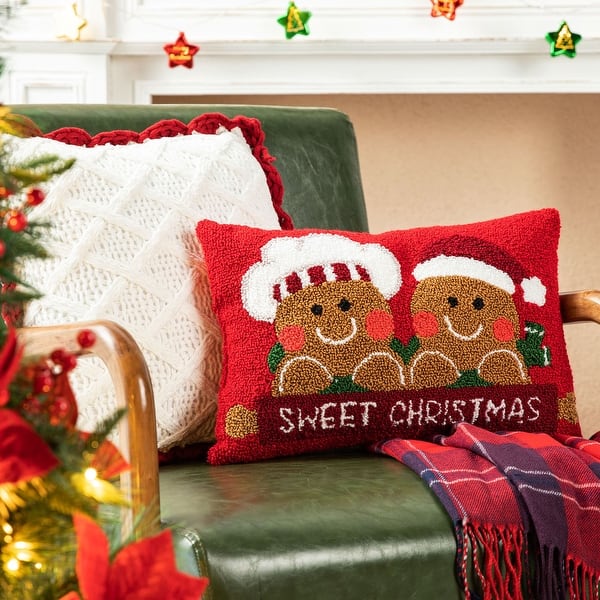 Glitzhome 18"L Hooked Gingerbread Boy & Girl Christmas Throw Pillow ...