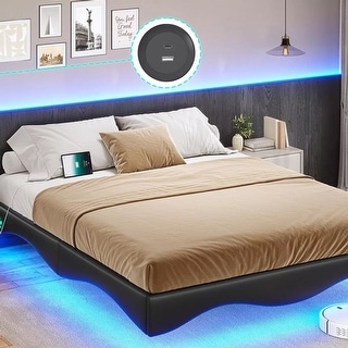Queen Floating Bed Frame with LED Lights Platform Metal Wave Molding ...